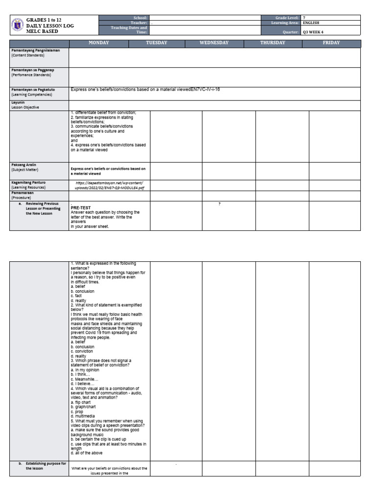 Melc DLL Eng 7 Week 4 Q3 Done | PDF | Learning | Experience