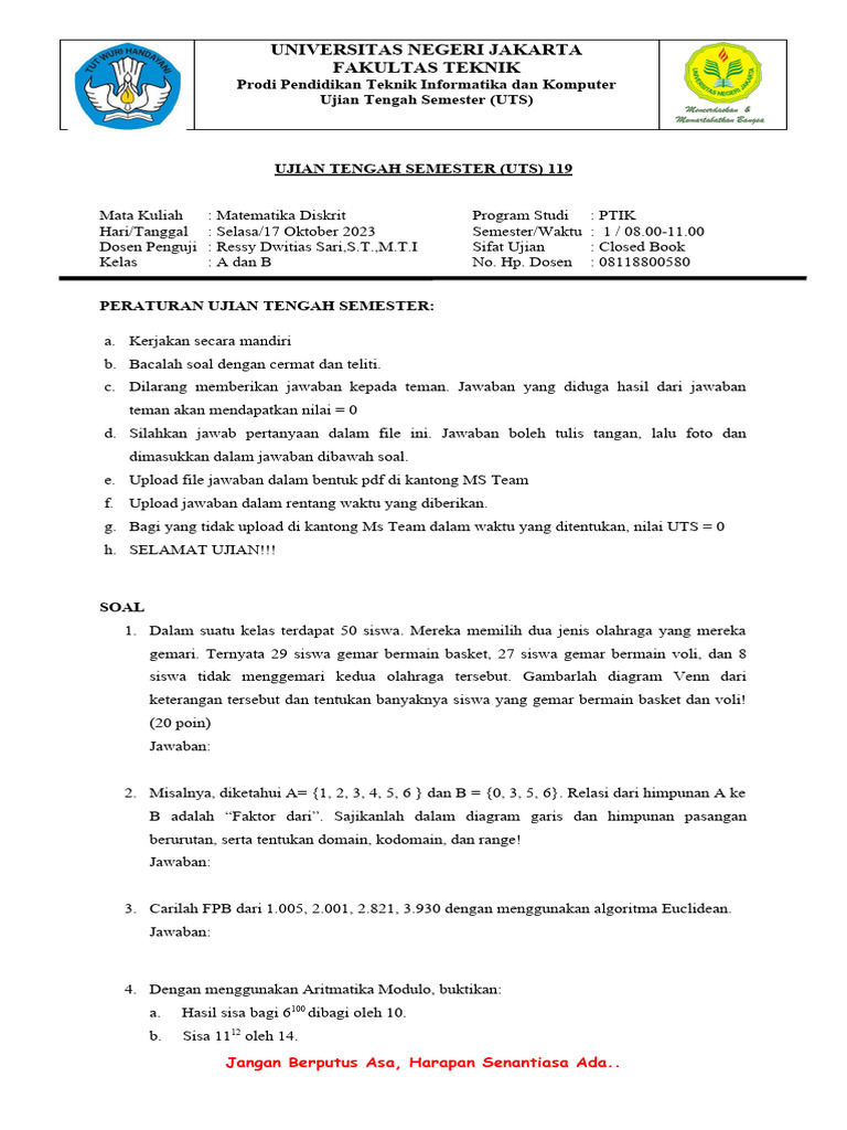 Soal Uts Matematika Diskrit 2023 | PDF