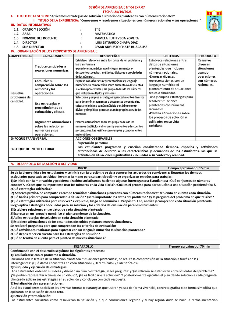 Sesión de Aprendizaje-01-Exp 07-Mat-2°-Vega 2023 | PDF