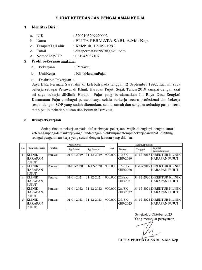 Surat Pengalaman Kerja Elita | PDF