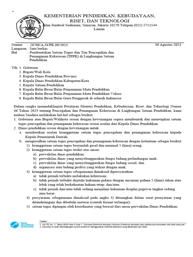 Surat Dinas Sesjen Kemendikbudristek Perihal Pembentukan TPPK Dan ...