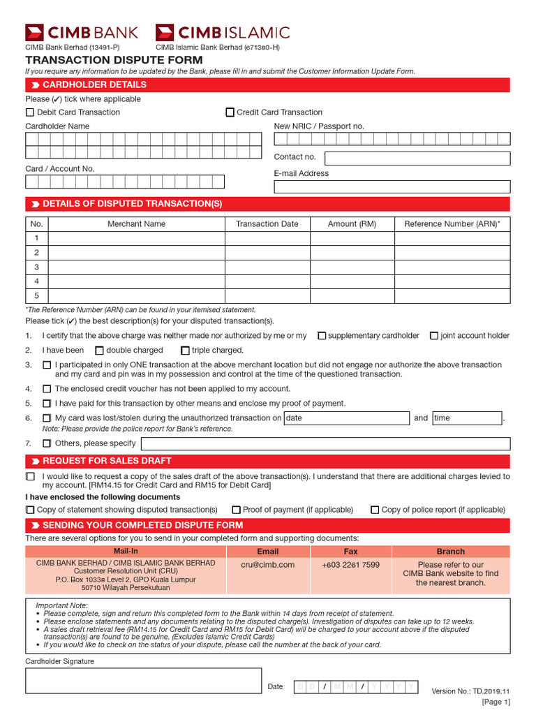 CIMB Bank Malaysia Transaction Dispute Form | PDF | Credit Card | Debit ...