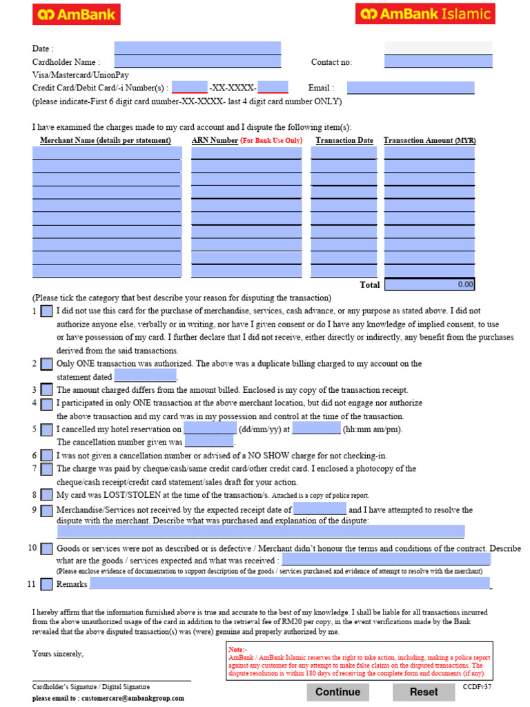AmBank Credit Card Dispute Form | PDF