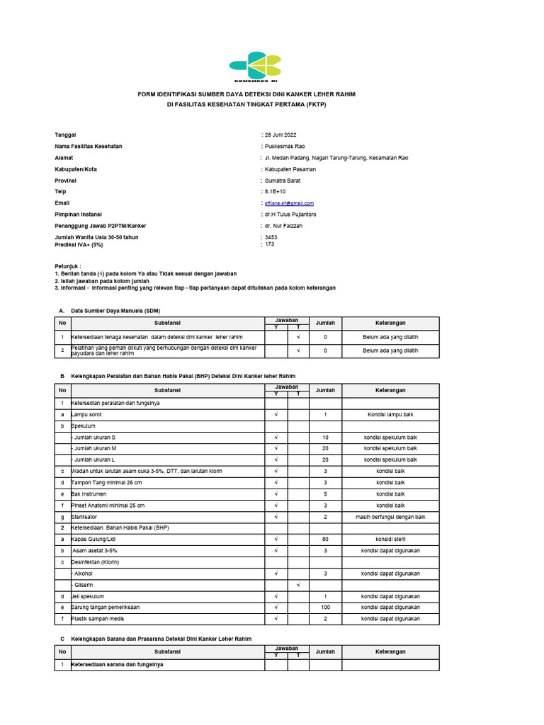 Form Identifikasi Sumber Daya Kanker - FKTP Puskesmas Rao - Dr. Nur Faizzah | PDF
