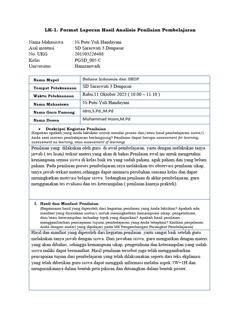 CONTOH LK-1. Format Laporan Hasil Analisis Penilaian Pembelajaran - Ni ...