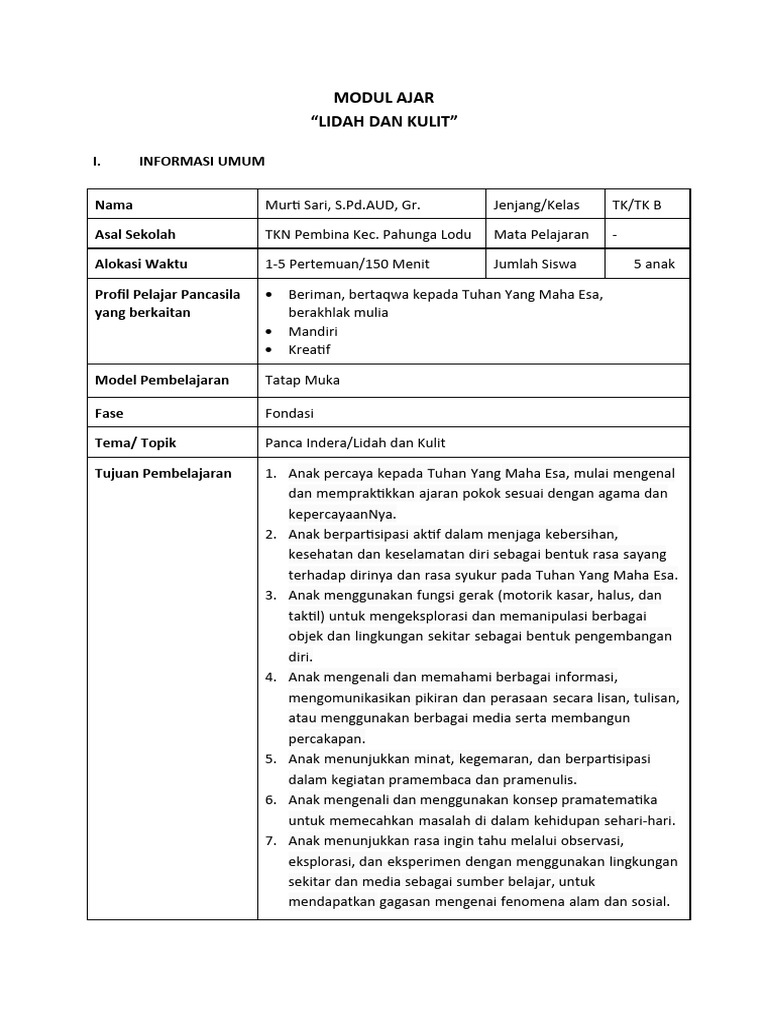 Modul Ajar 3. Lidah Dan Kulit | PDF