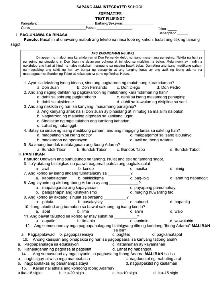 Filipino 7 Exam | PDF