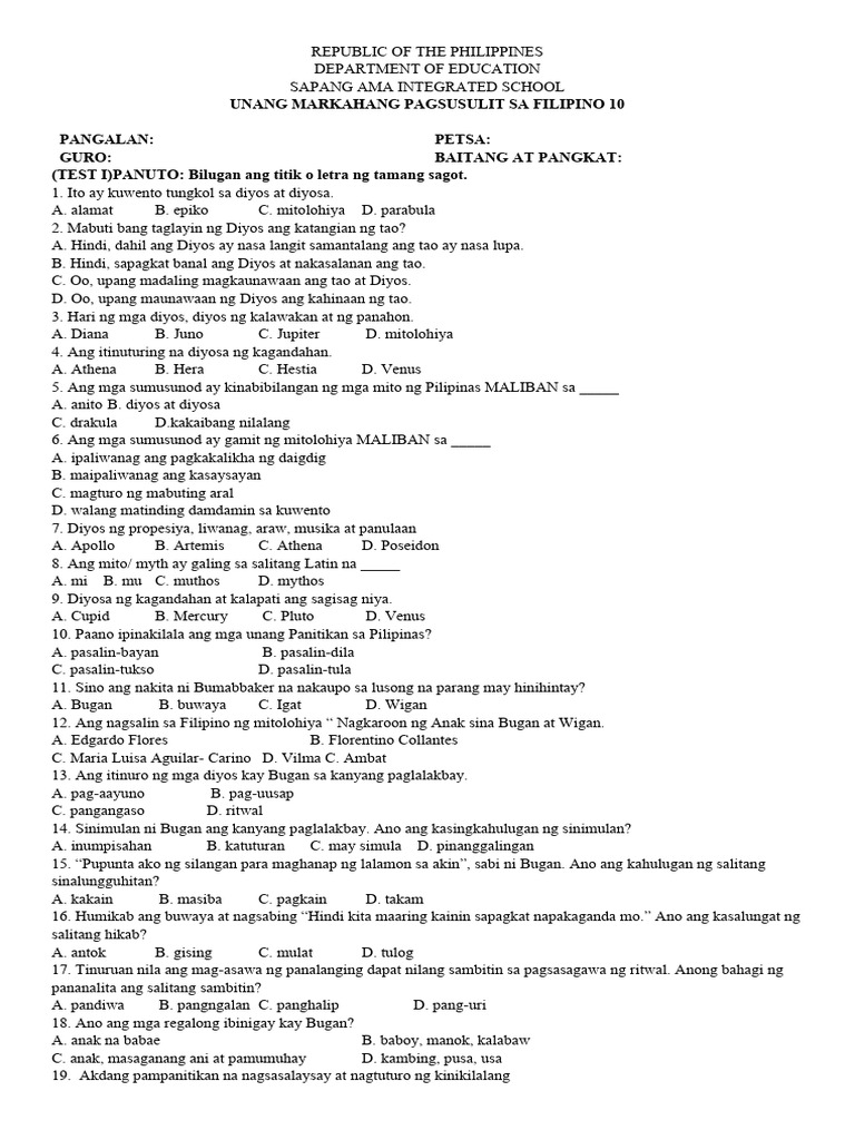 Filipino 10 Exam | PDF