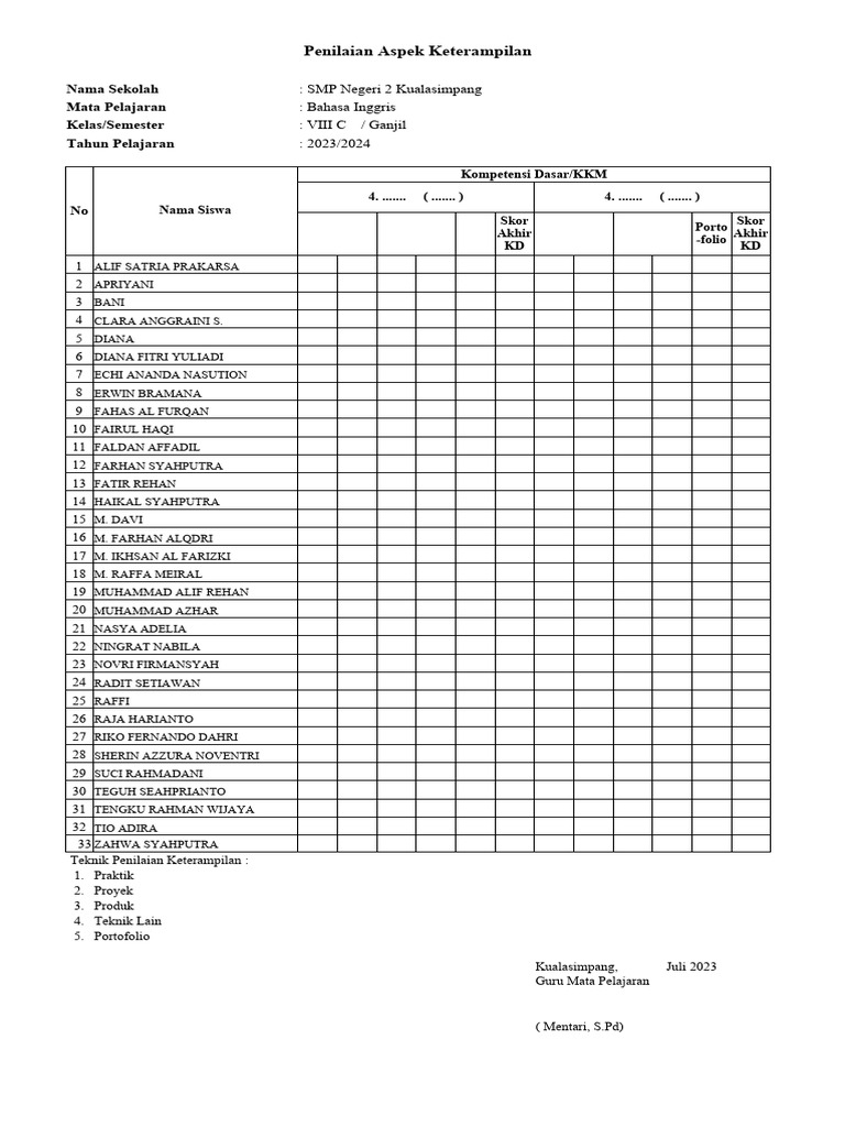 Format Absen Daftar Nilai Siswa 2023-2024 | PDF