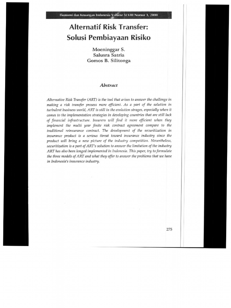 Aiternatif Risk Transfer: Solusi Pembiayaan Risiko: Moeninggar S. Salusra Satria Gomos B ...