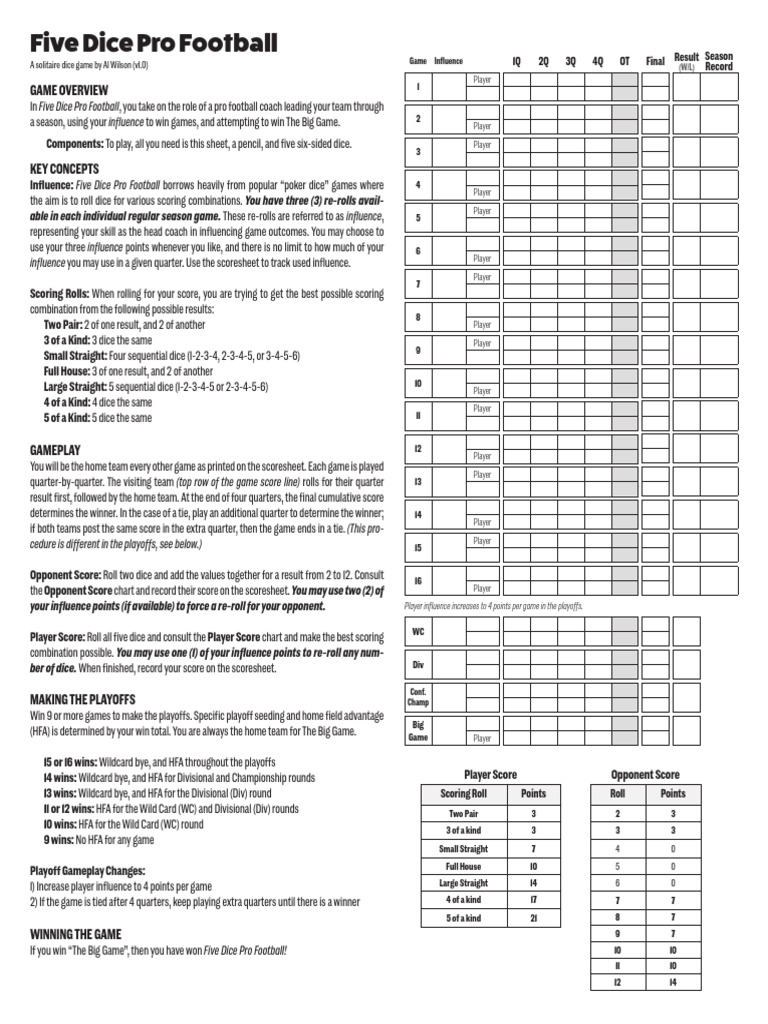 Five Dice Pro Football v1.0 | PDF