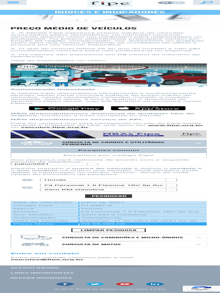 Tabela Fipe - Fundação Instituto de Pesquisas Econômicas - Fipe | PDF
