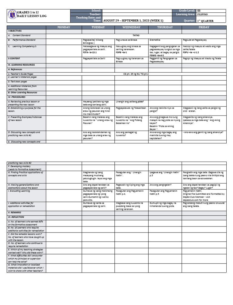 DLL Filipino-3 Q1 W1 | PDF