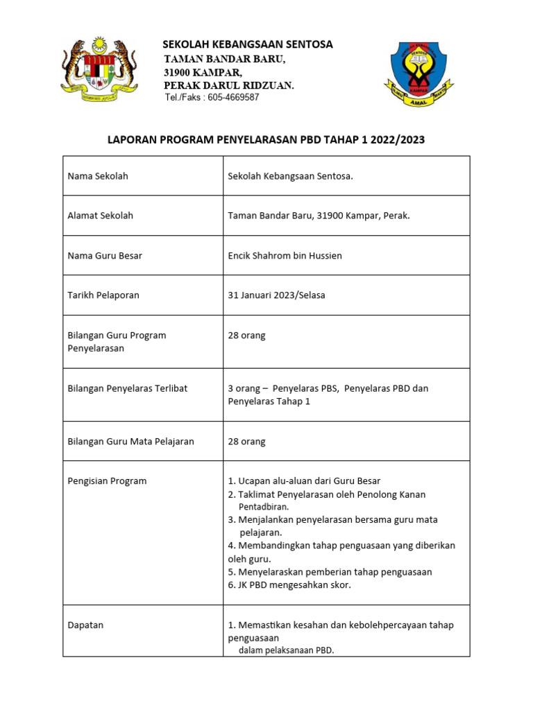 LAPORAN PROGRAM PENYELARASAN PBD TAHAP 1 2022 | PDF
