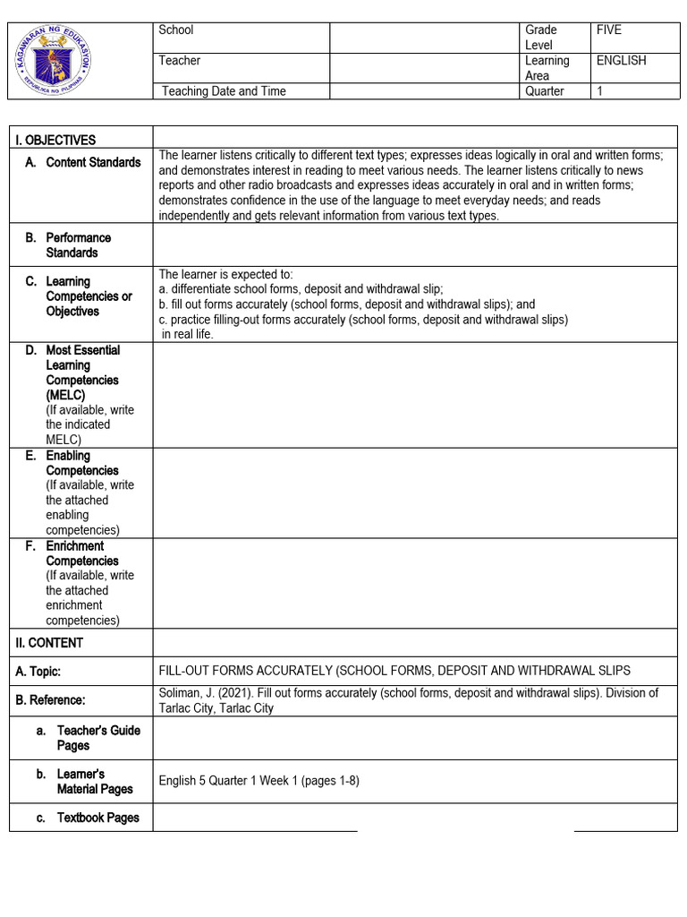 Co DLP English Grade 5 Q1 | PDF | Deposit Account | Learning
