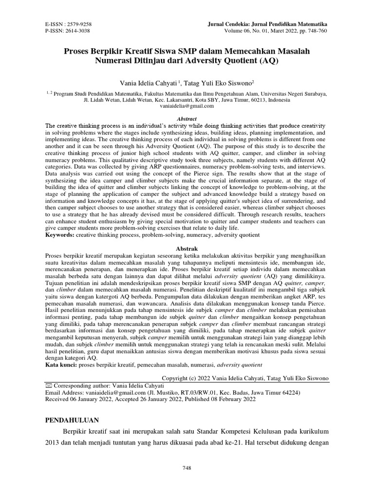 Proses Berpikir Kreatif Siswa SMP Dalam Memecahkan Masalah Numerasi Ditinjau Dari Adversity ...