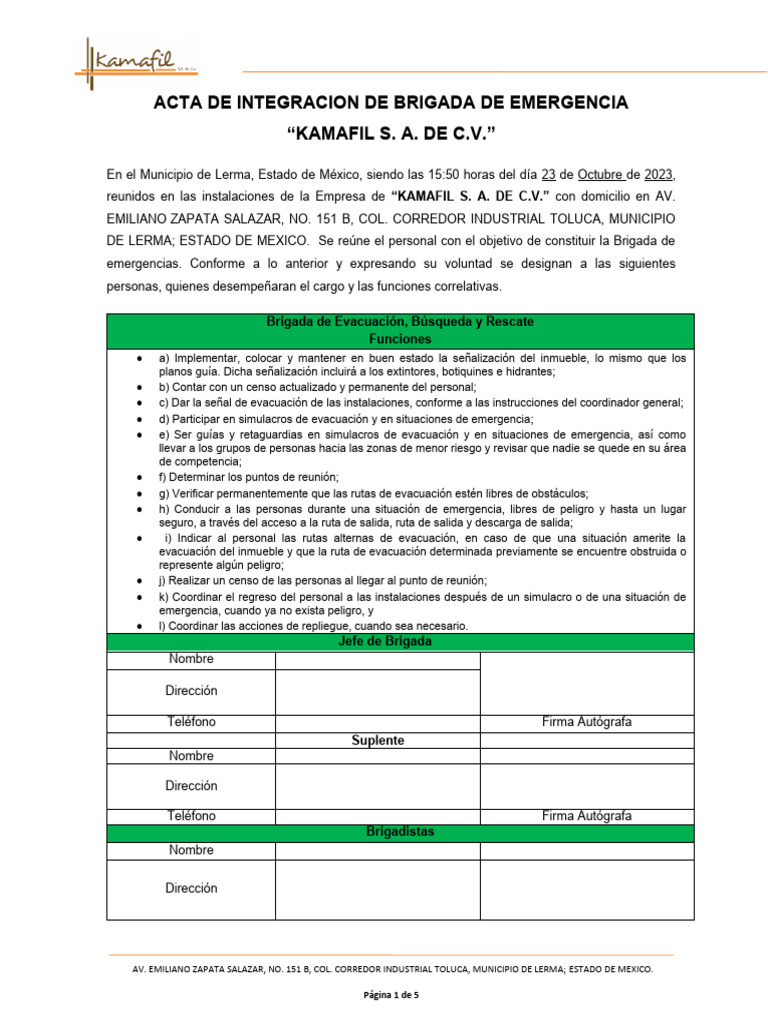 Acta de Integración de La Brigada de Emergencia | PDF