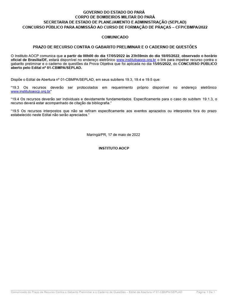 Comunicado Prazo Recurso Gab Prel Caderno Questoes Cbmpa | PDF