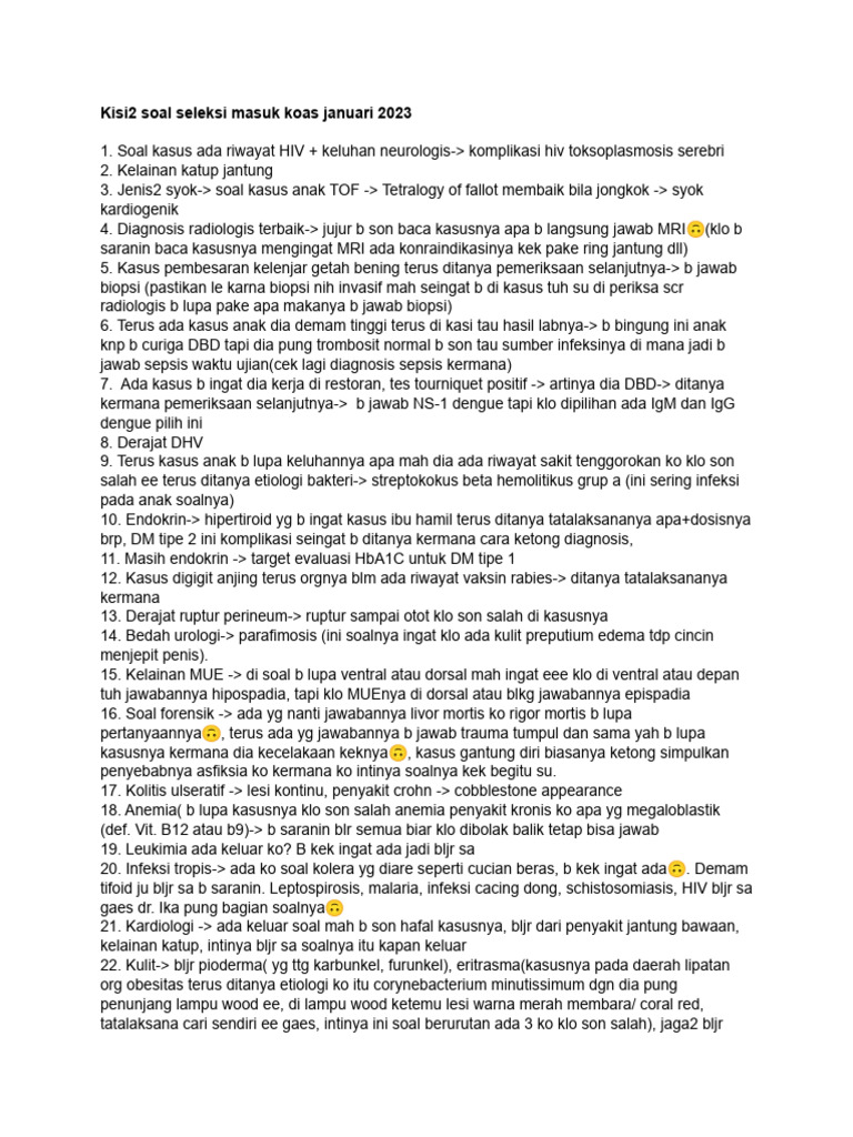 Kisi2 Soal Seleksi Masuk Koas Januari 2023 | PDF