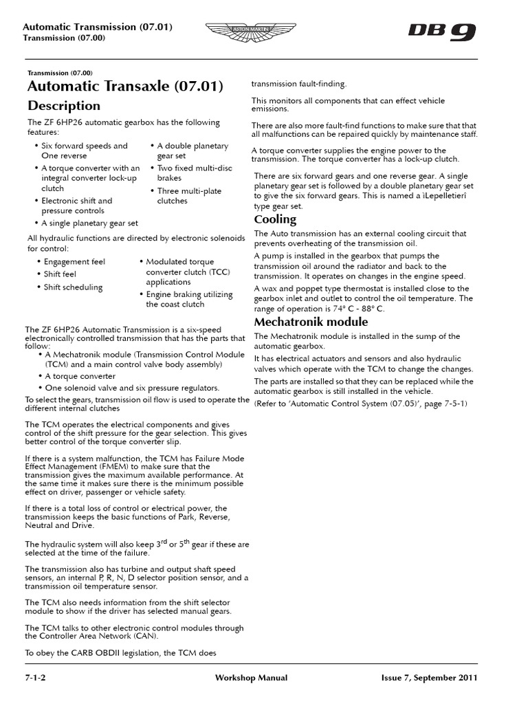 Aston Martin DB9 Workshop Manual Section 7.01 Automatic Transmission | PDF