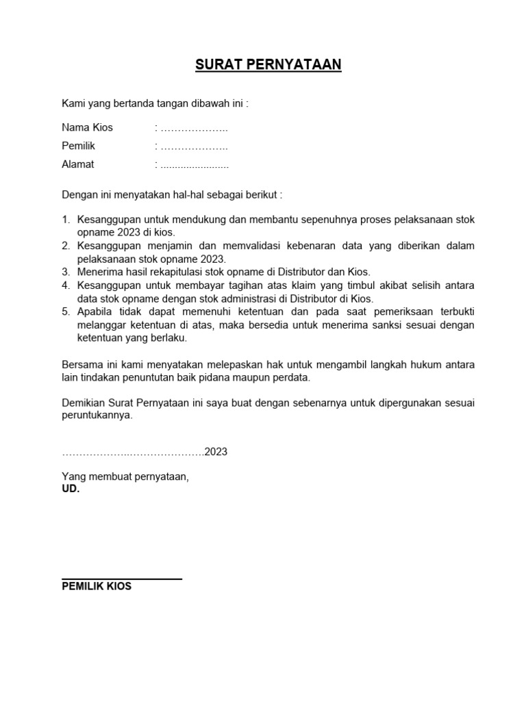 Surat Pernyataan Kesanggupan Kios-1 | PDF