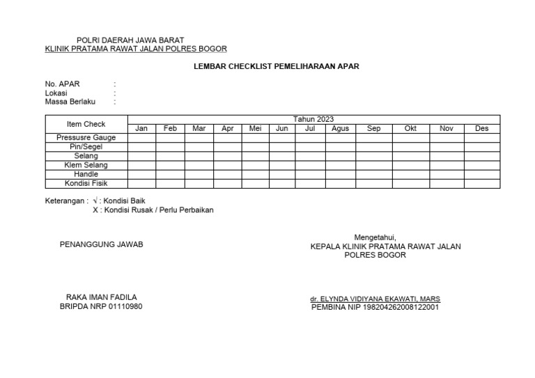 Lembar Checklist Pemeliharaan Apar | PDF