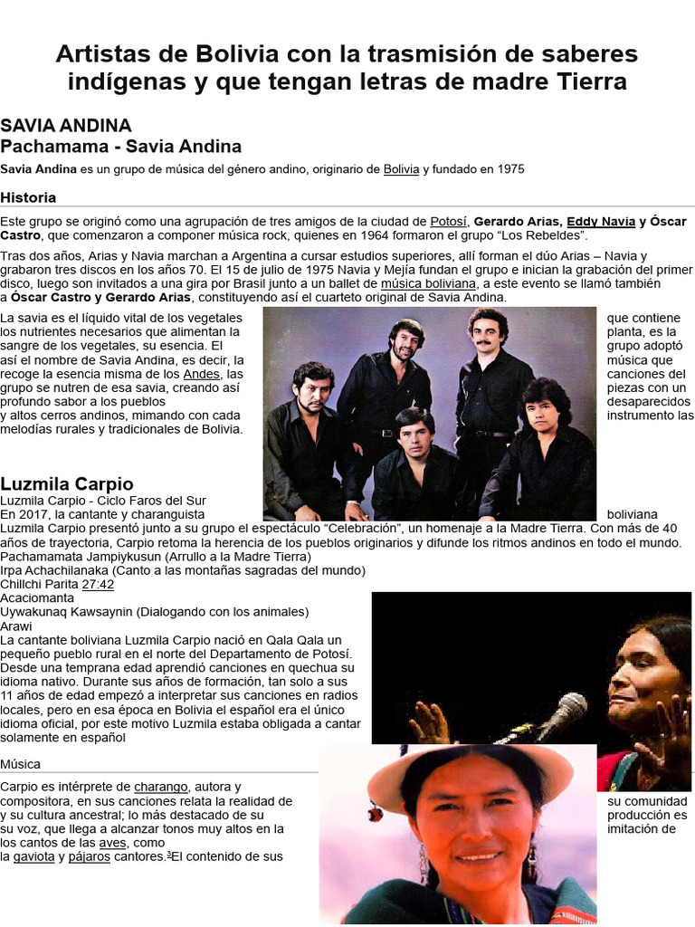 Artistas de Bolivia Con La Trasmisión de Saberes Indígenas y Que Tengan ...