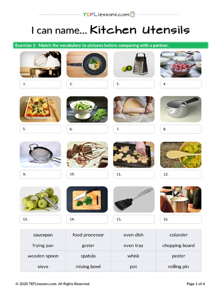 Kitchen Utensils Direct Method Activities - 133380 | PDF