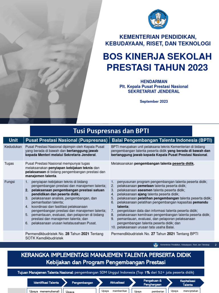 Paparan Kebijakan BOS Kinerja Sekolah Prestasi (Plt. Kapuspresnas) | PDF