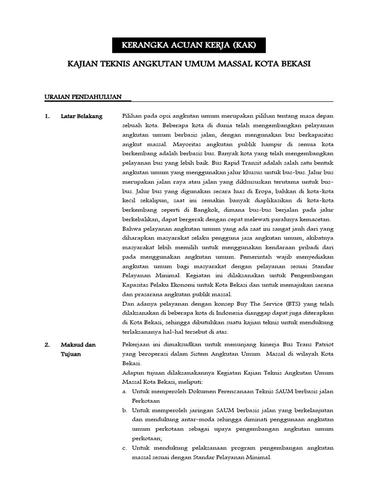 KAK Tayang Kajian Teknis Angkutan Umum Massal Kota Bekasi 20220510 | PDF