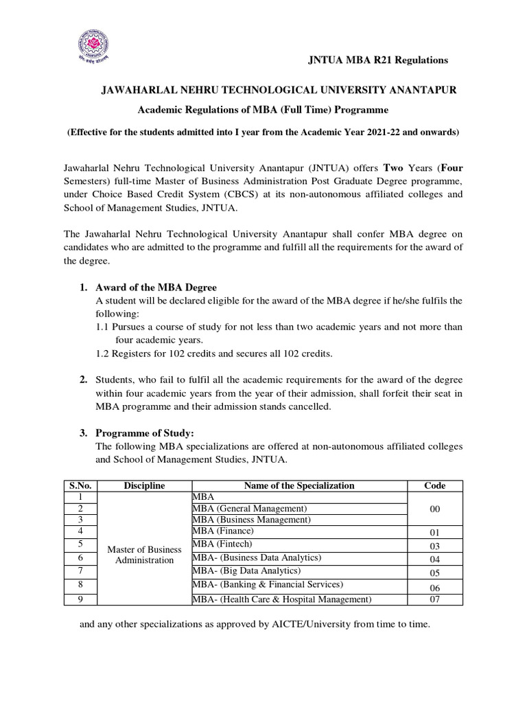 JNTUA MBA R21 Academic Regulations Final Revised | PDF