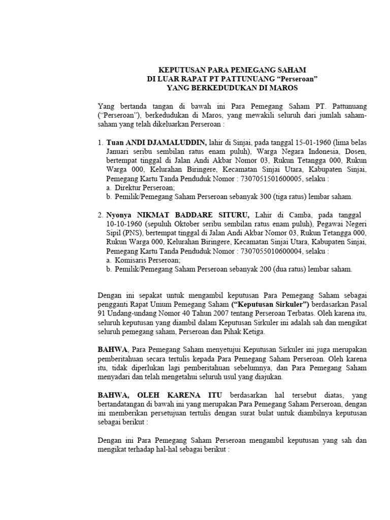 Keputusan Sirkuler Pemegang Saham PT Pattunuang | PDF