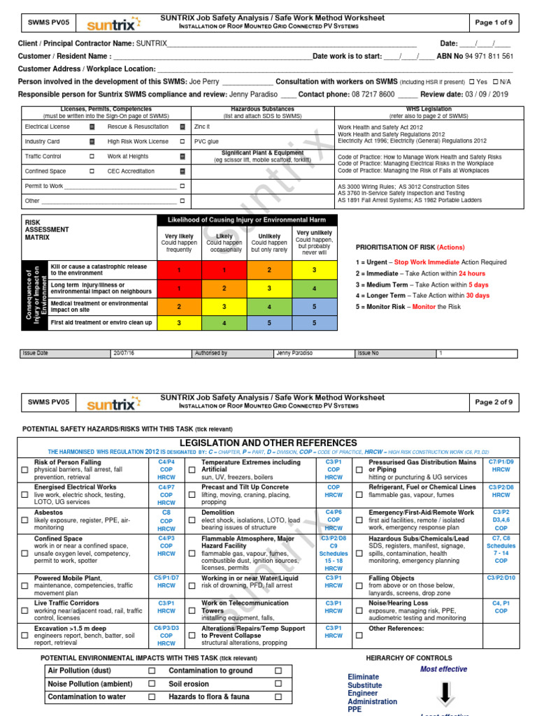 SWMS PV05 Suntrix Commercial Accredited Installer Installation of Roof ...