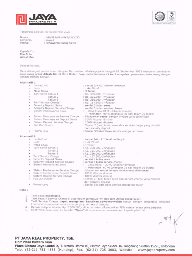 AILASH BAR - Penawaran Ruang Sewa | PDF