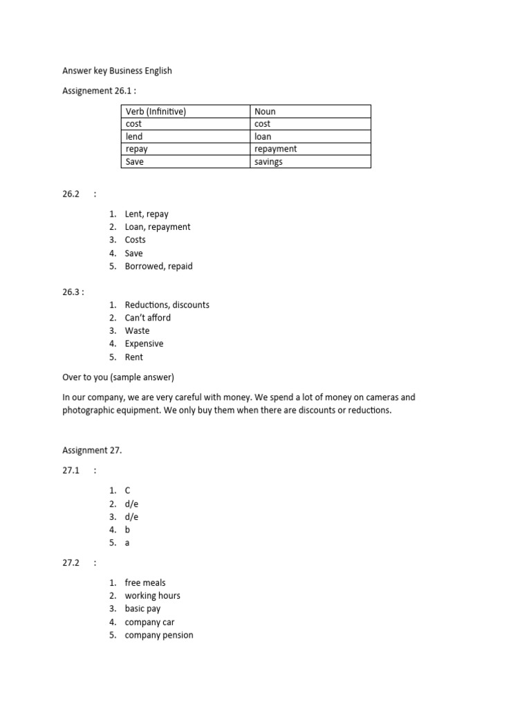 Answer Key Business English Unit 26 - 30 | PDF