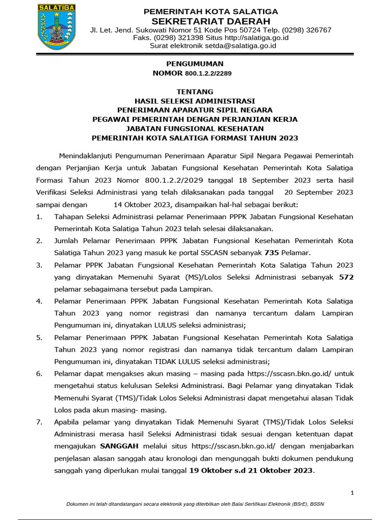 Hasil Seleksi Administrasi Penerimaan ASN PPPK Jabatan Fungsional Kesehatan Pemerintah Kota ...