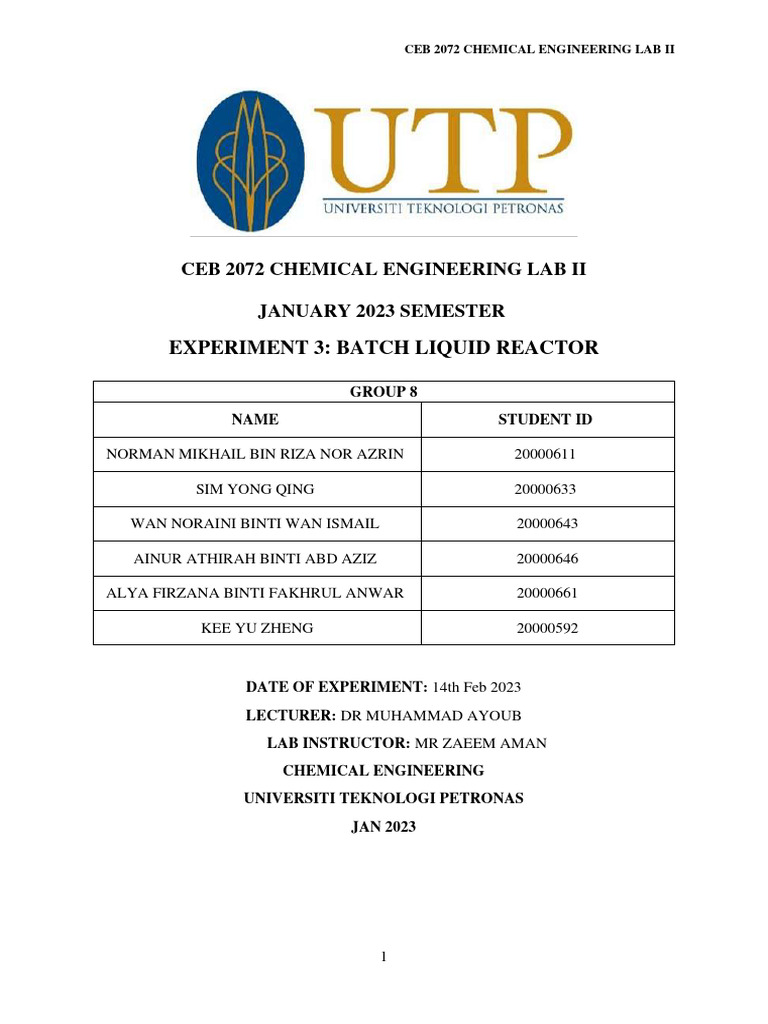 Group 8 - Experiment 3 - Batch Liquid Reactor | PDF
