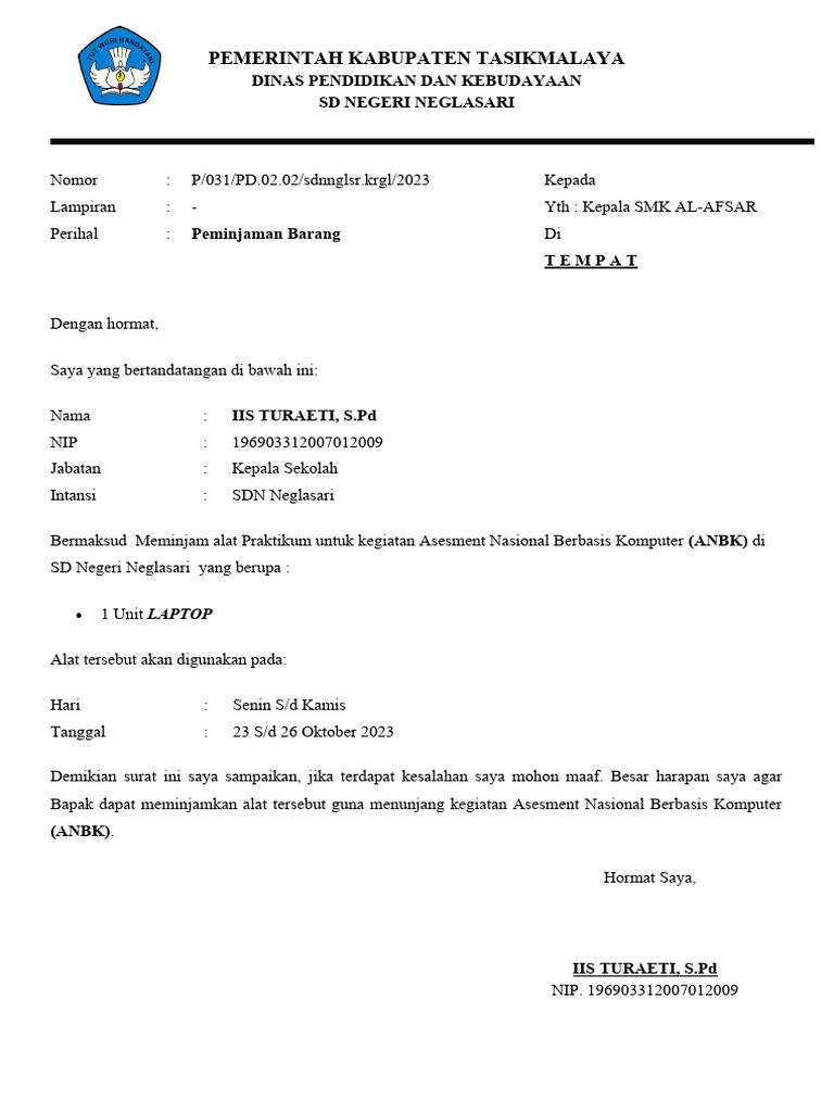 Surat Peminjaman Barang SDN Negla | PDF