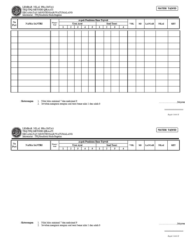 Lembar Nilai Tajwid | PDF