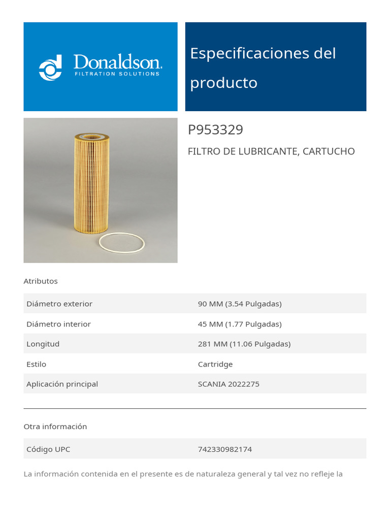 Filtro de Aceite Donaldson P953329 - Scania 2625883 | PDF