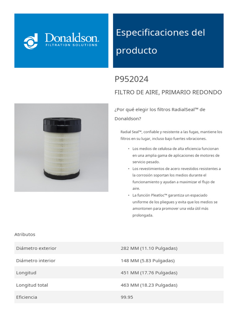Filtro de Aire Primario Donaldson P952024 - Scania 1931040 | PDF