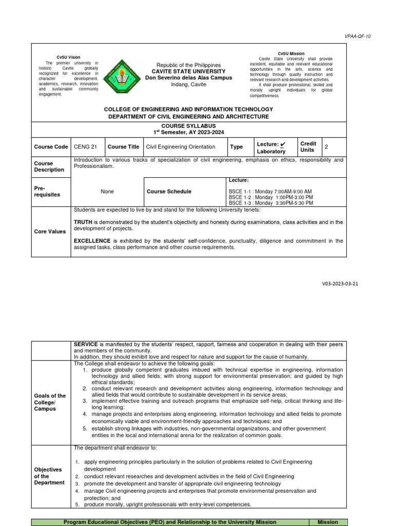 CENG 21 - CE Orientation - Syllabus - 1st Sem AY 23 24 - Final Version ...