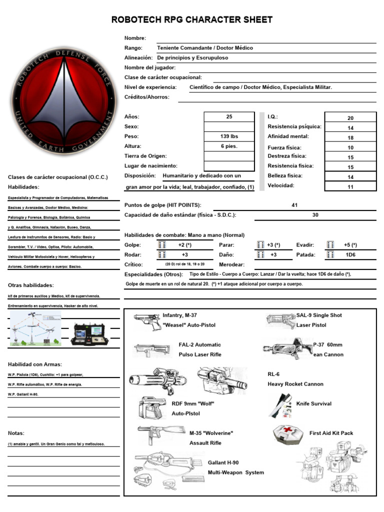02 ROBOTECH RPG CHARACTER SHEET VI en Español RDF II - PERSONAJES | PDF