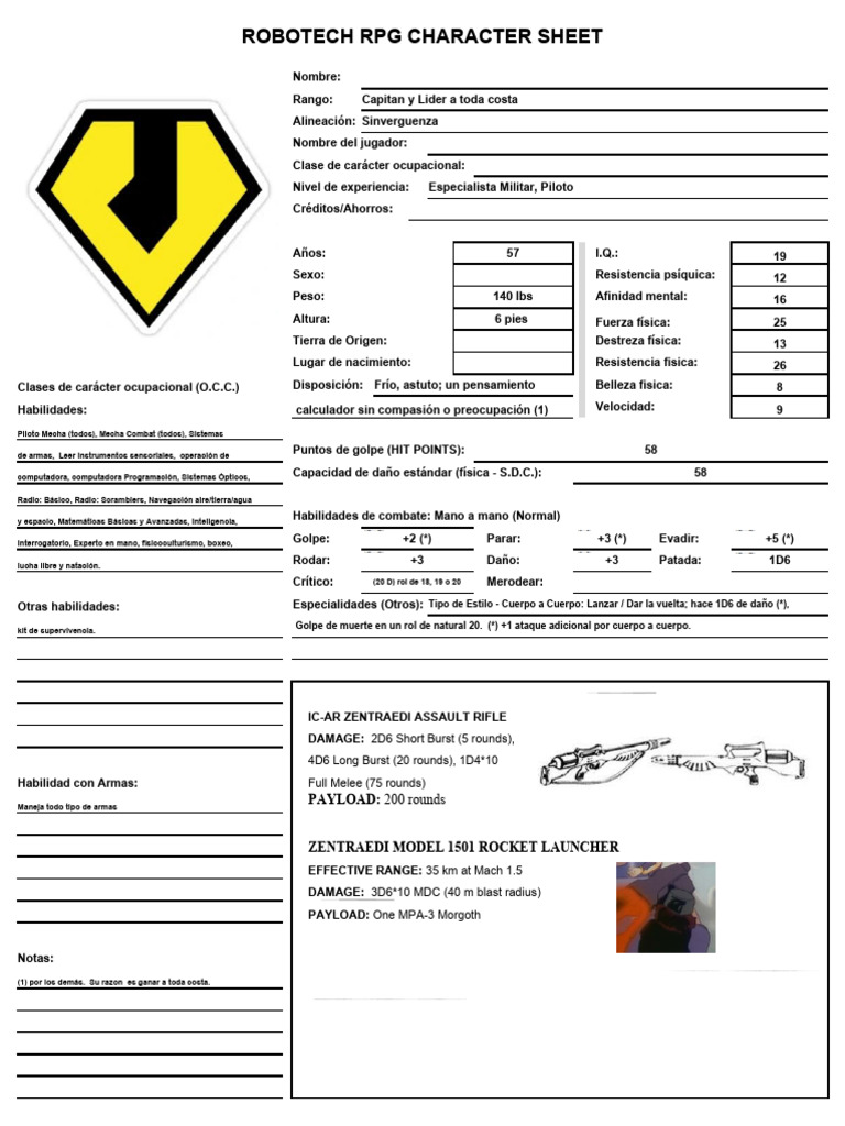 03 ROBOTECH RPG CHARACTER SHEET VI en Español ZENTRAEDI - PERSONAJES | PDF