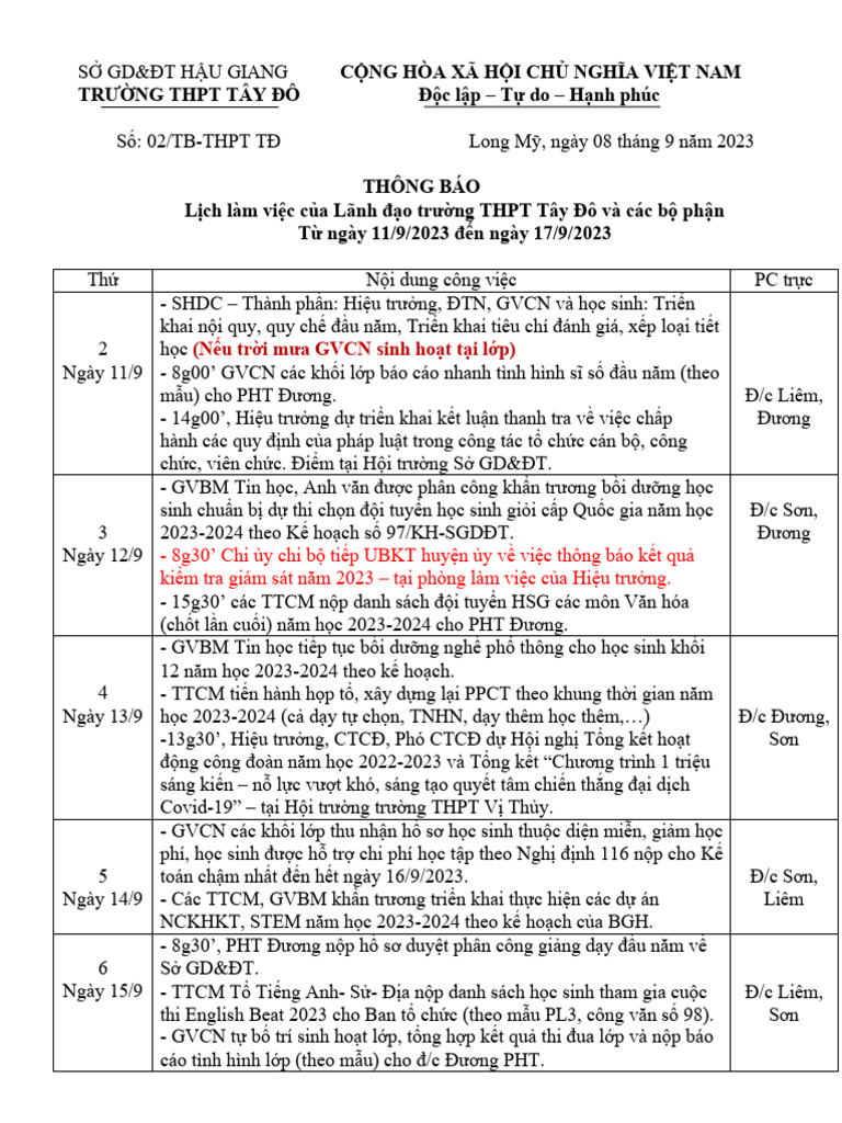 Lich Lam Viec Tuan 2 | PDF