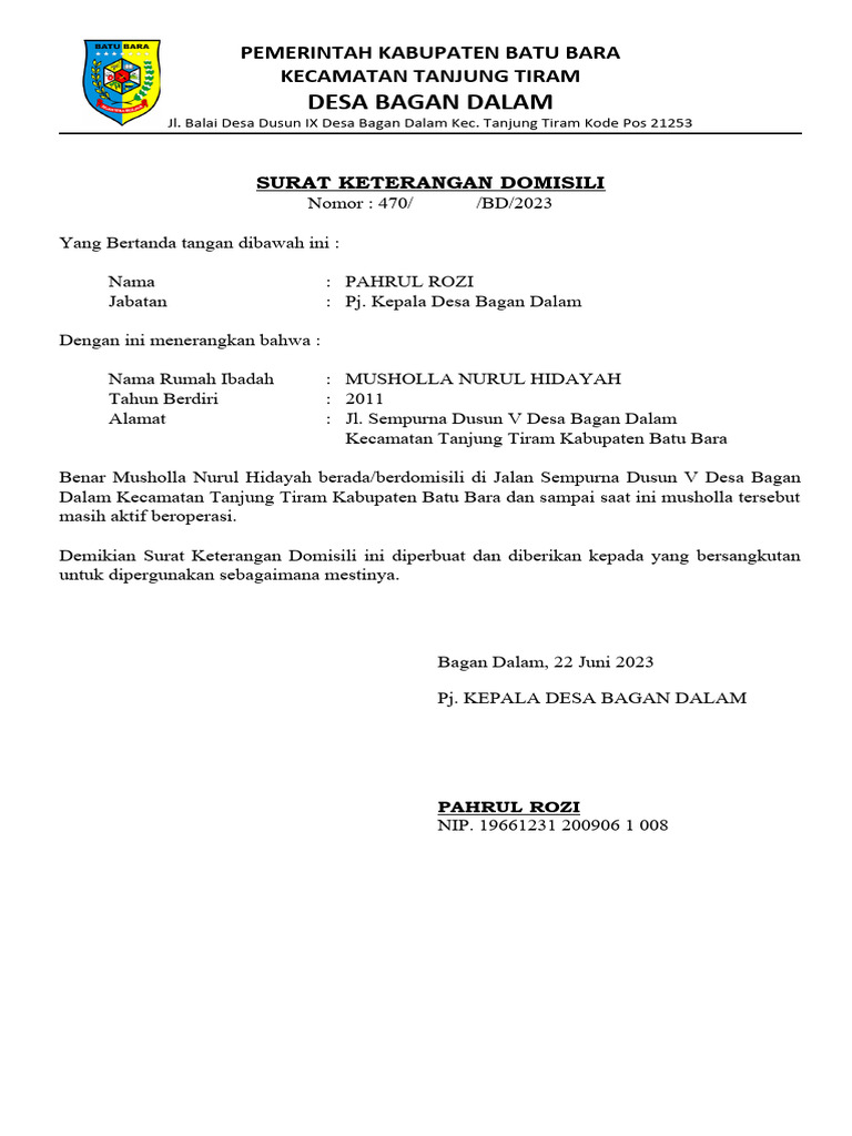 Surat Keterangan Domisili Musholla Nurul Hidayah | PDF
