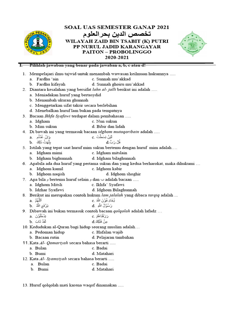 Soal Uas Fix - Tajwid - Ula - B (Genap) | PDF