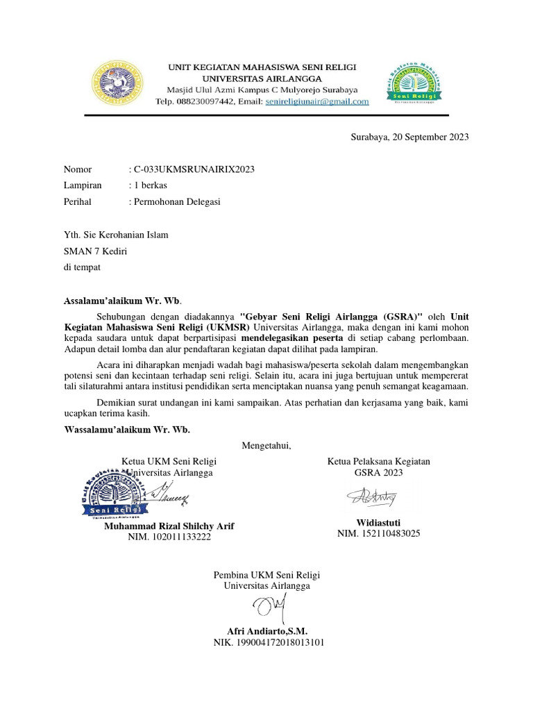 SMAN 7 Kediri - Surat Permohonan Delegasi | PDF SMAN 7 Kediri - Surat Permohonan Delegasi | PDF