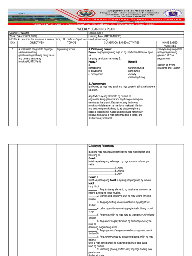 Weekly Learning Plan Q4music Week 2 | PDF