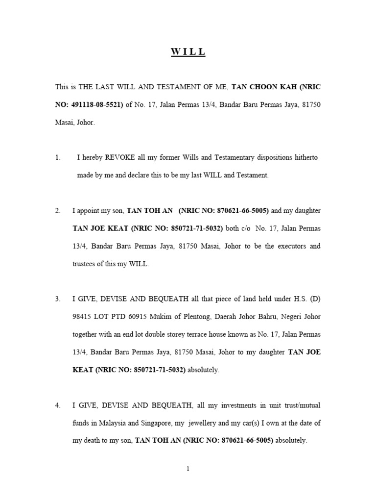 Last Will and Testament of Tan Choon Kah | PDF
